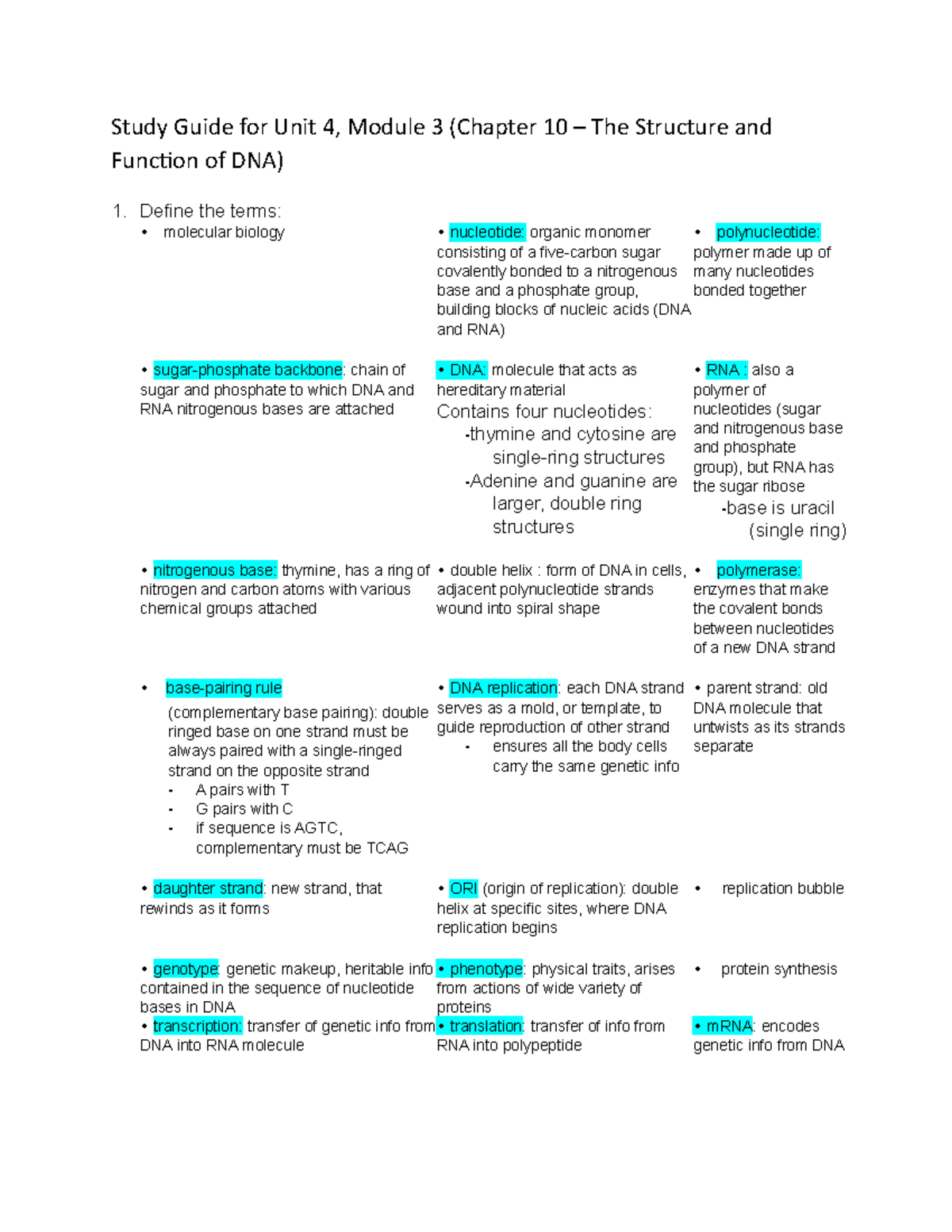 Study Guide for Unit 4m3ch10 - Study Guide for Unit 4, Module 3 ...