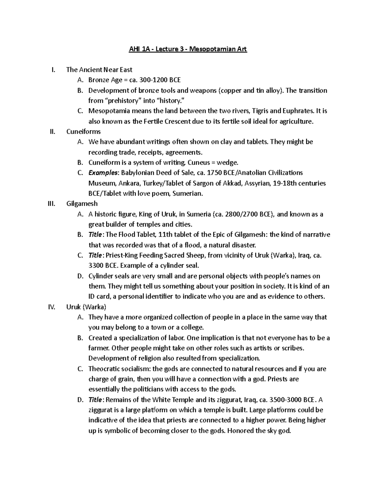 AHI 1A - Lecture 3 - Mesopotamian Art - The Ancient Near East A. Bronze ...