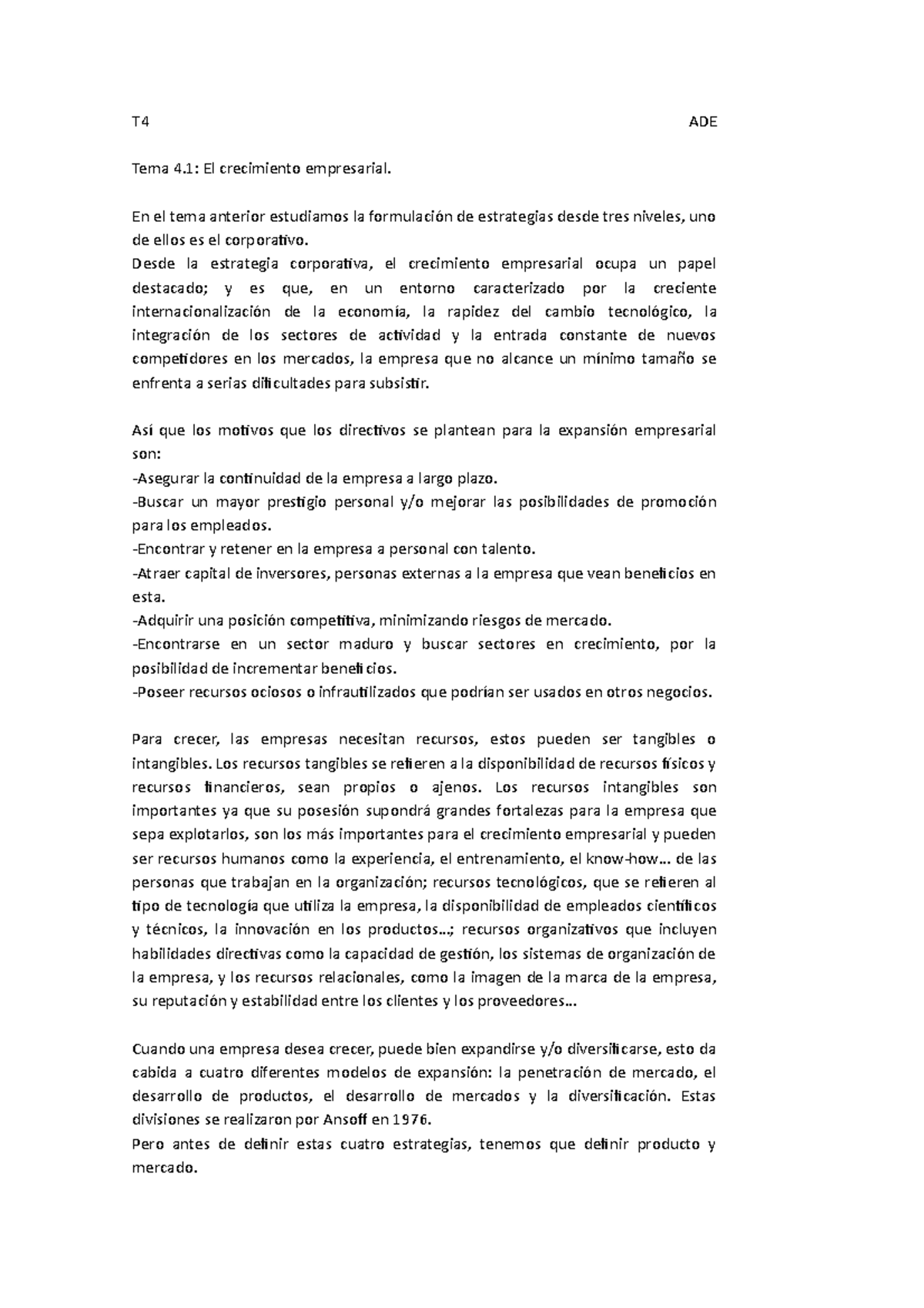 T4 ADE - rrrr - T4 ADE Tema 4: El crecimiento empresarial. En el tema anterior estudiamos la ...