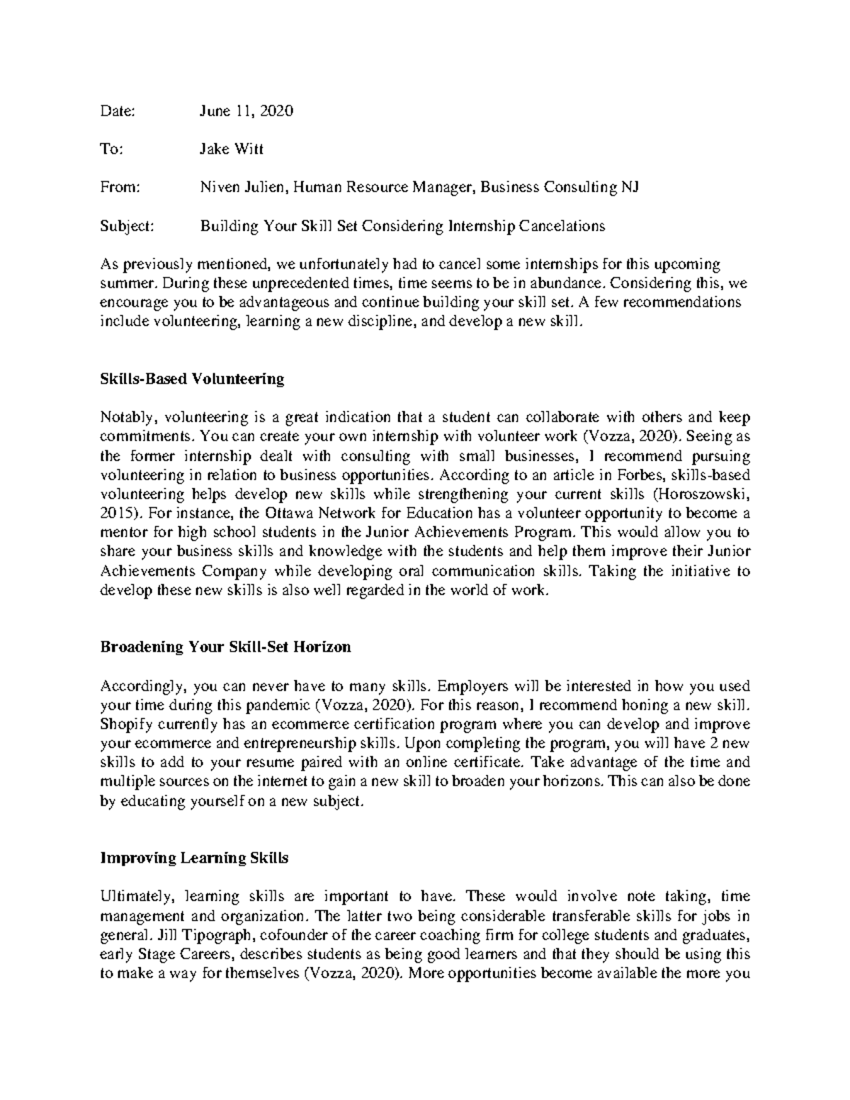 In Class Memo Personal Sample Example - ADM2381 - uOttawa - Studocu