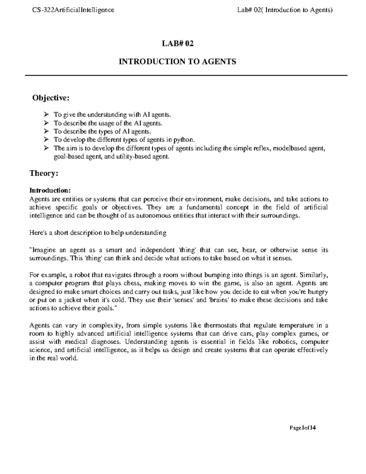 AI Lab 2 Introduction To Agents - LAB# 02 INTRODUCTION TO AGENTS Objective: To give the - Studocu