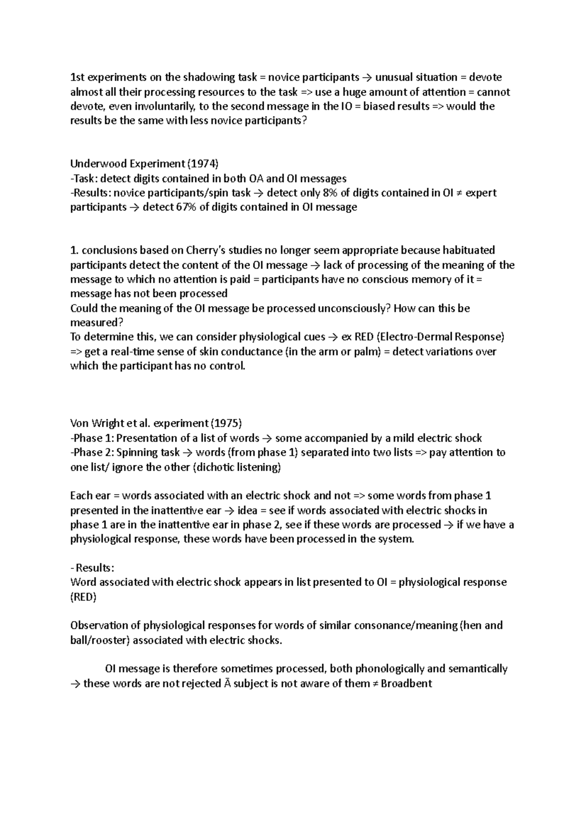 1st experiments on the shadowing task - Von Wright et al. experiment ...