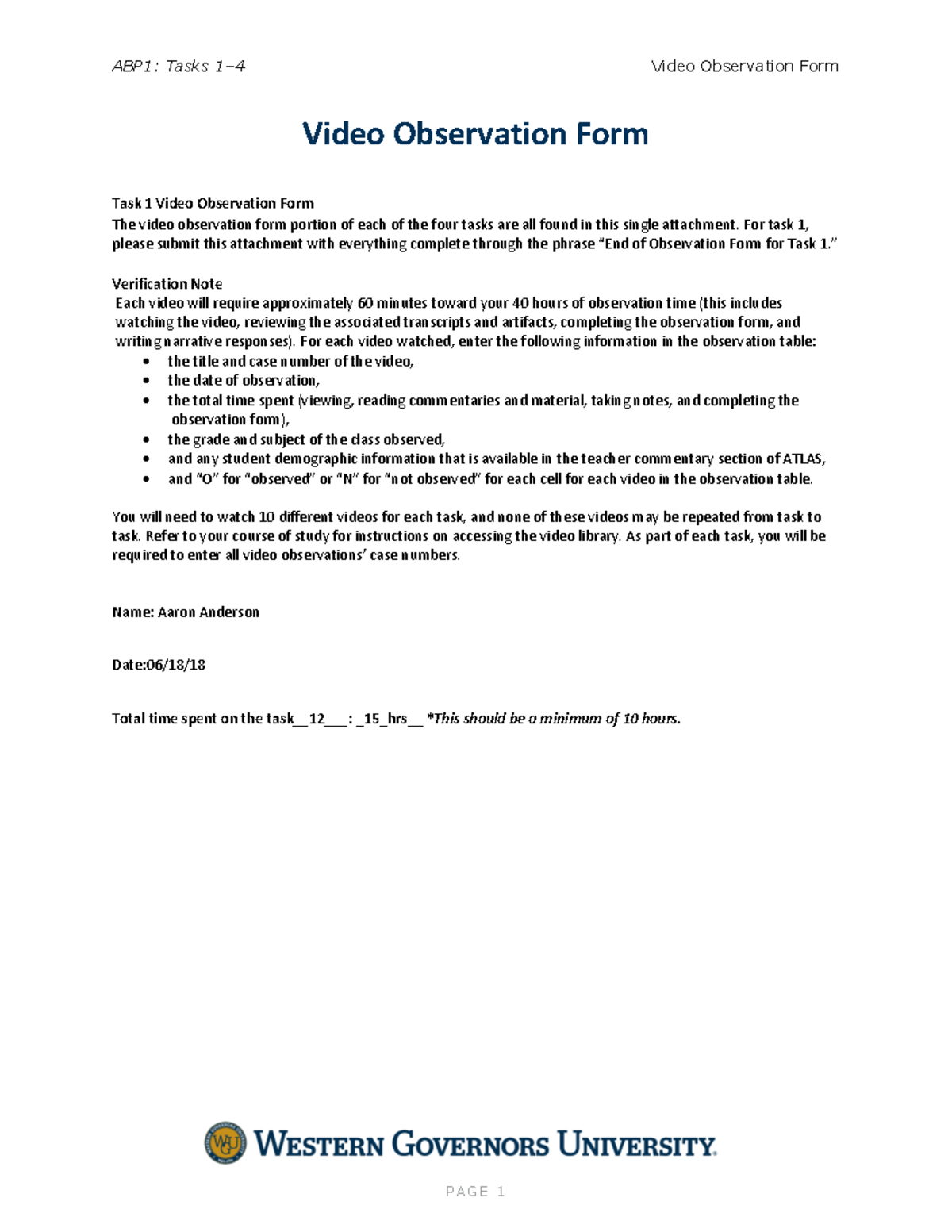 ABP1 Video Observation Tasks 1-4 - ABP1: Tasks Video Observation Form ...