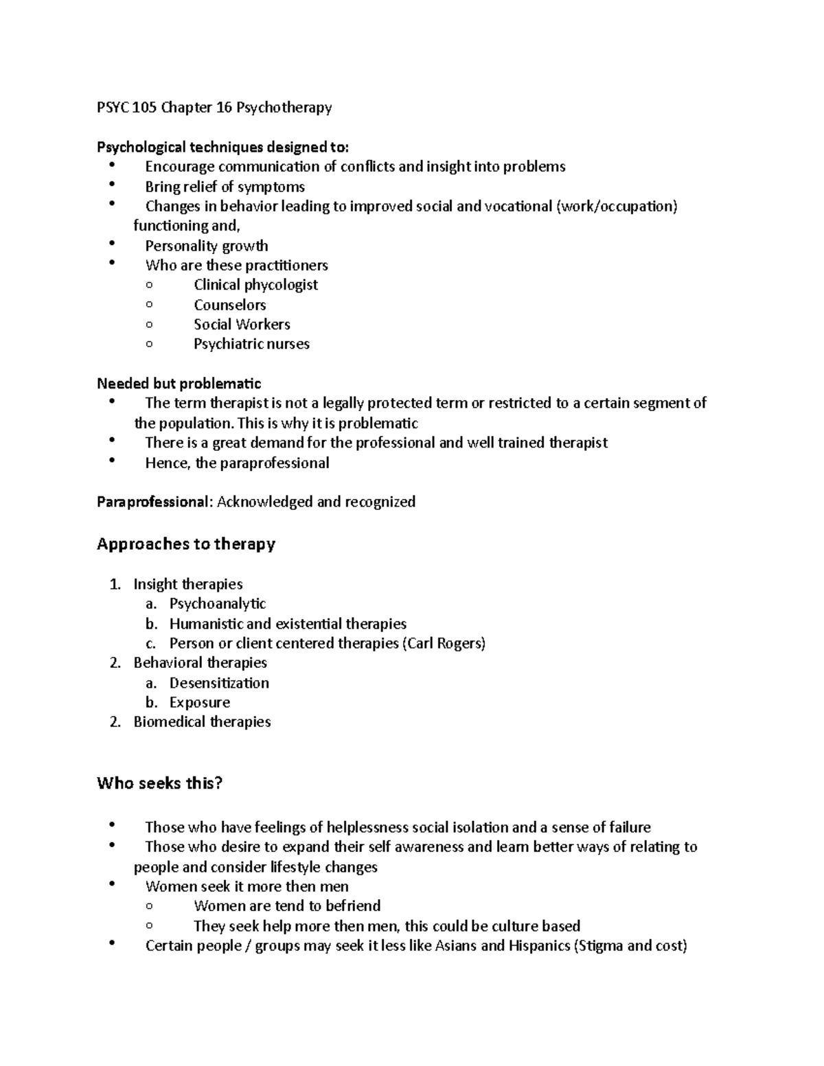 PSYC 105 Chapter 16 Psychotherapy - PSYC 105 Chapter 16 Psychotherapy ...