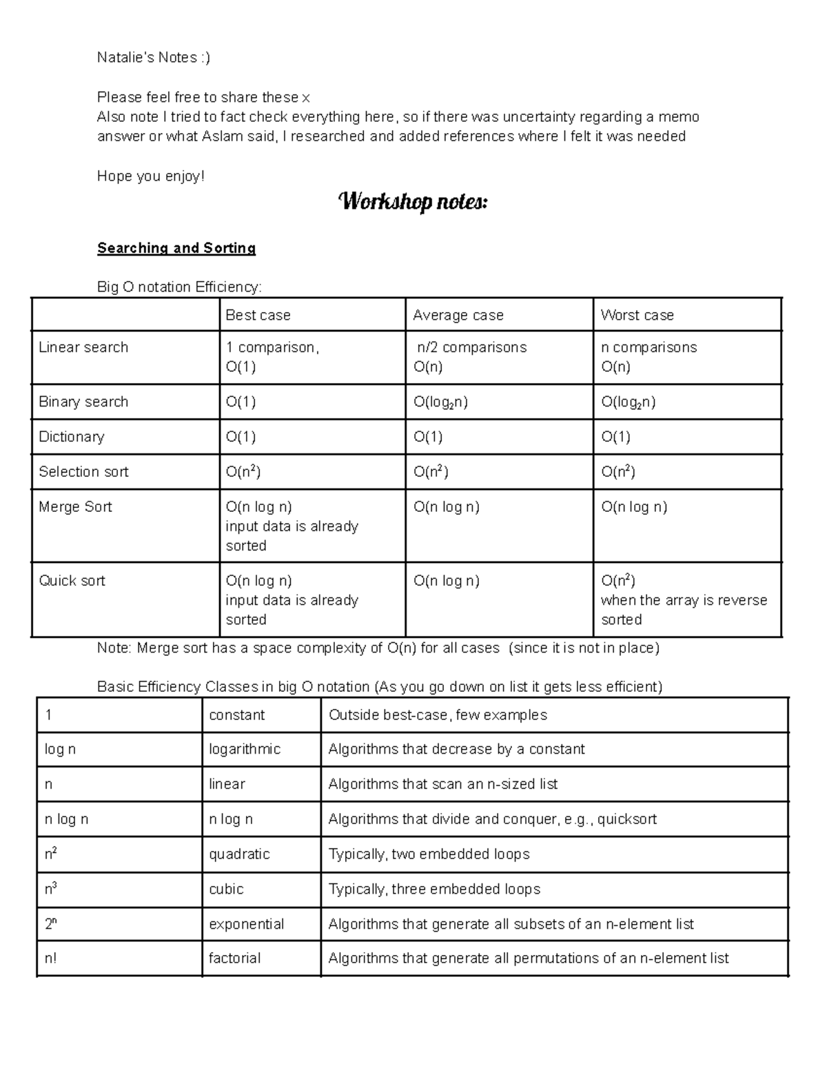Workshops and Past Exams Summary - Natalie’s Notes :) Please feel free ...