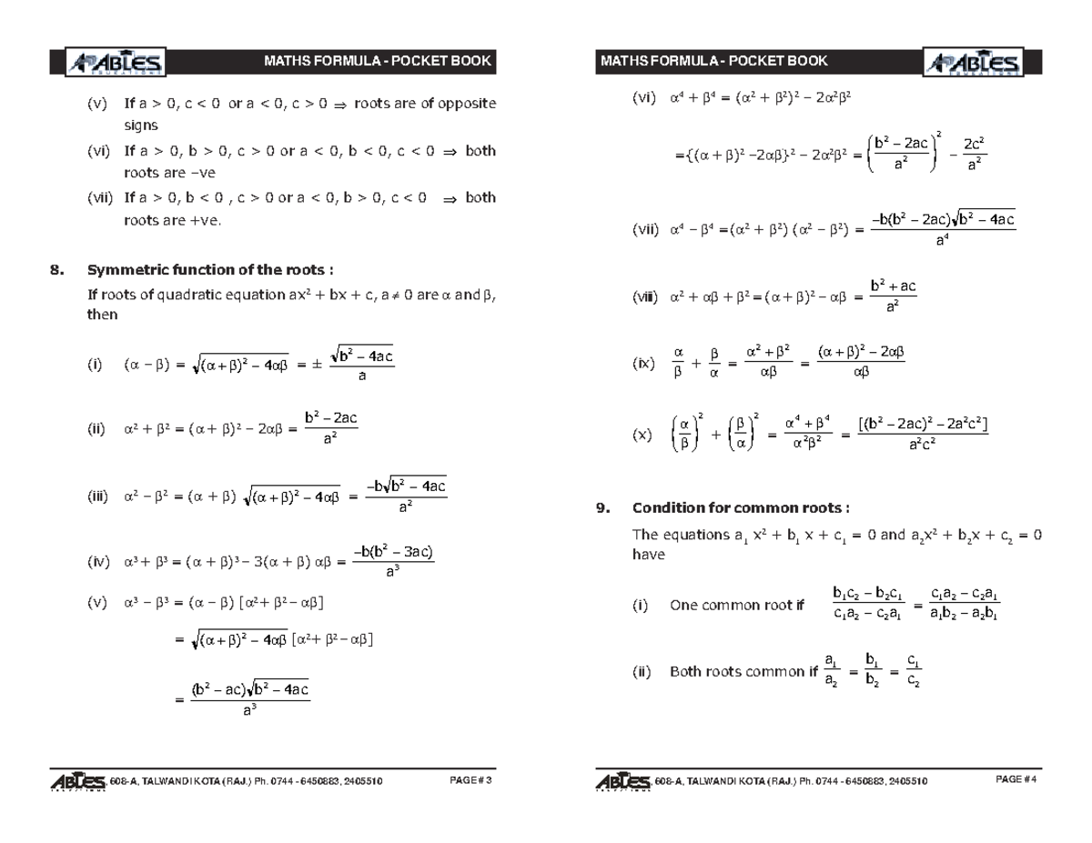 Maths Formula Pocket BOOK Maths Formula-Page2 - MATHS FORMULA - POCKET ...