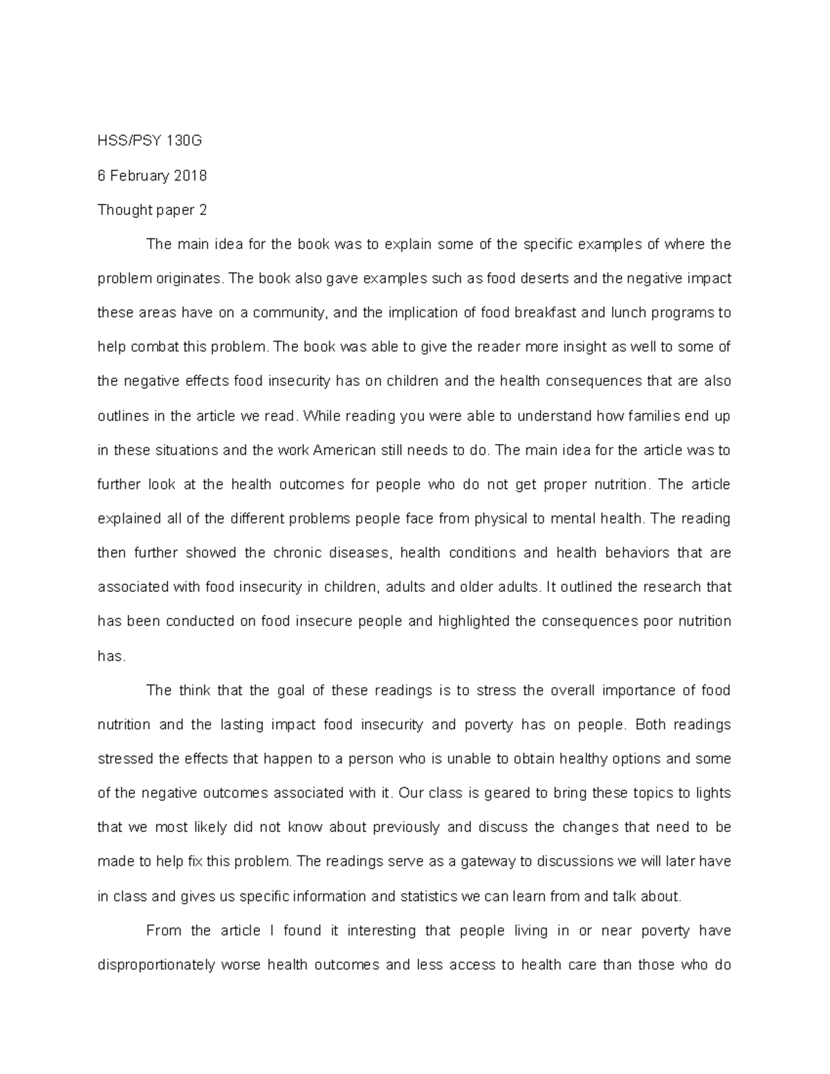 Feb 6 thought paper - HSS/PSY 130G 6 February 2018 Thought paper 2 The ...