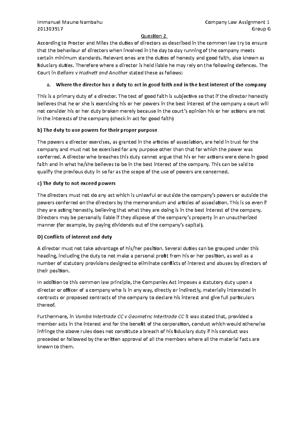 Mauno 185 - ASSIGNMENT - Immanuel Mauno Nambahu Company Law Assignment ...