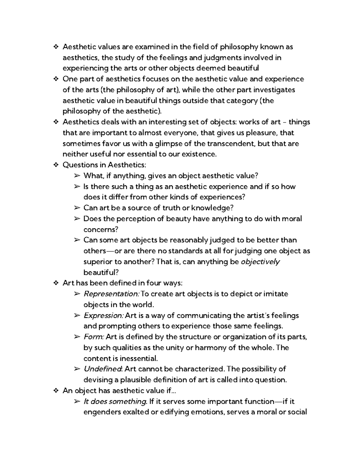 Chapter 7 Aesthetics - Aesthetic values are examined in the field of ...