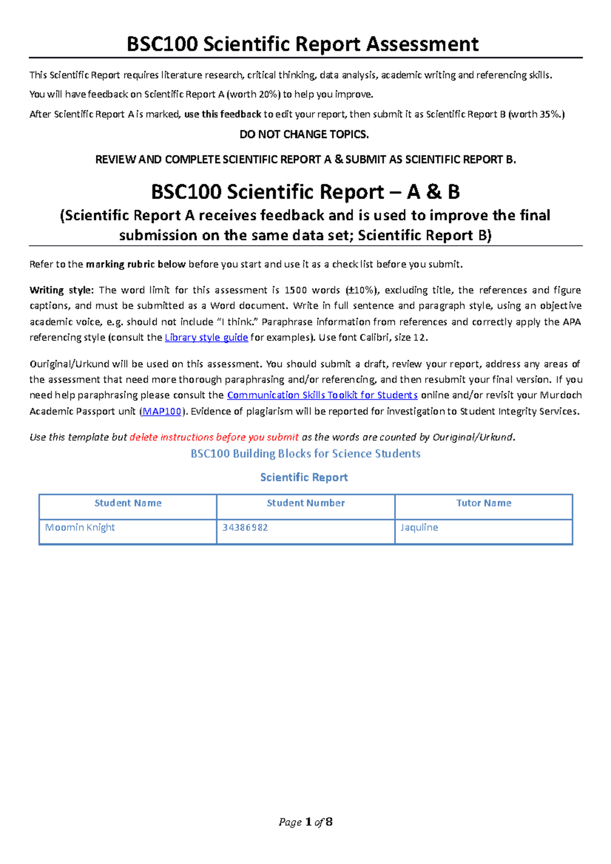 Scientific Report - You will have feedback on Scientific Report A ...