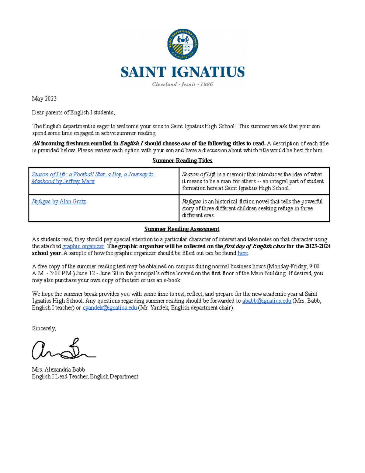 English I Summer Reading Letter 2023 (Final) - May 2023 Dear parents of ...