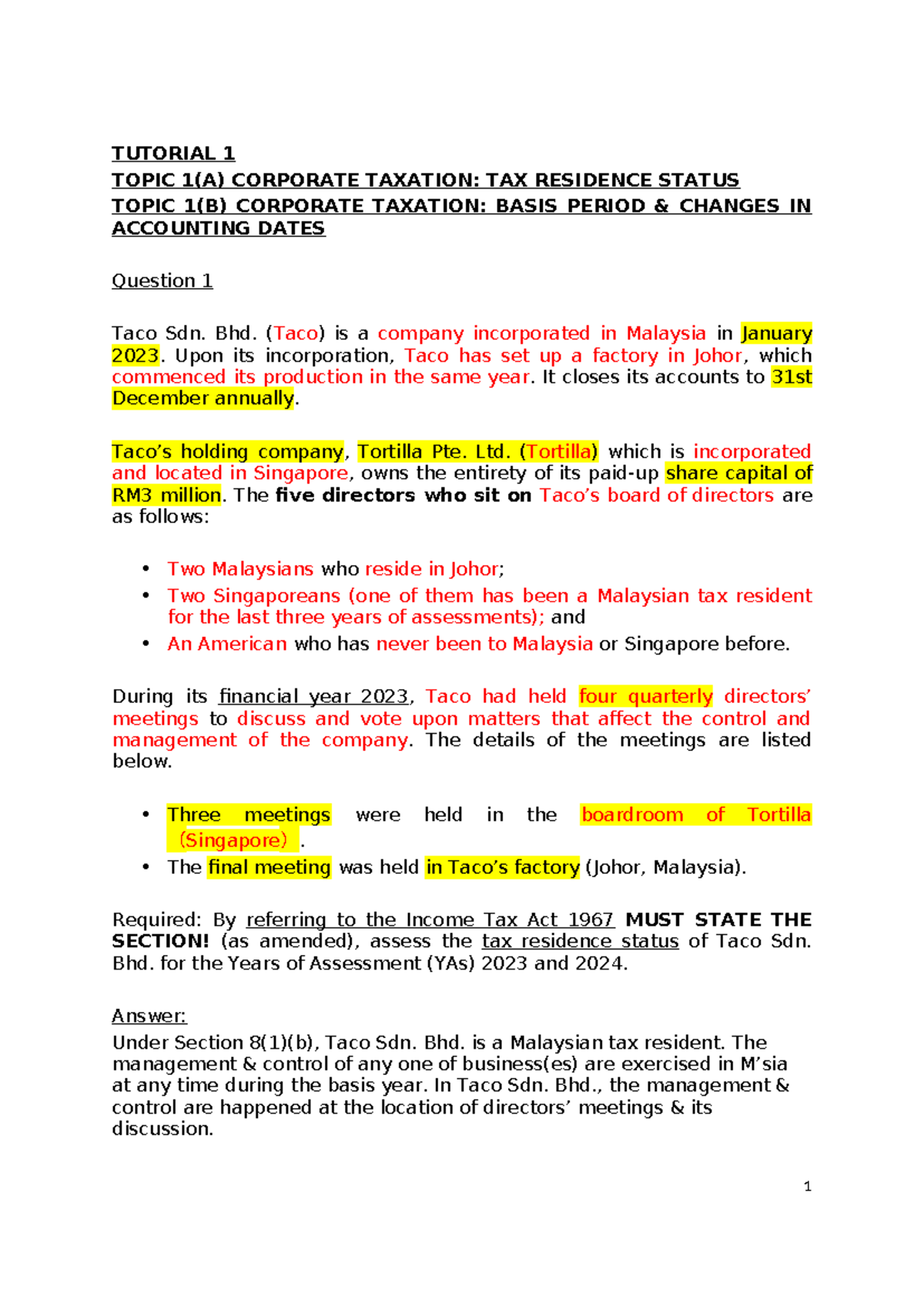Tutorial 1 Answer - TUTORIAL 1 TOPIC 1(A) CORPORATE TAXATION: TAX RESIDENCE STATUS TOPIC 1(B ...