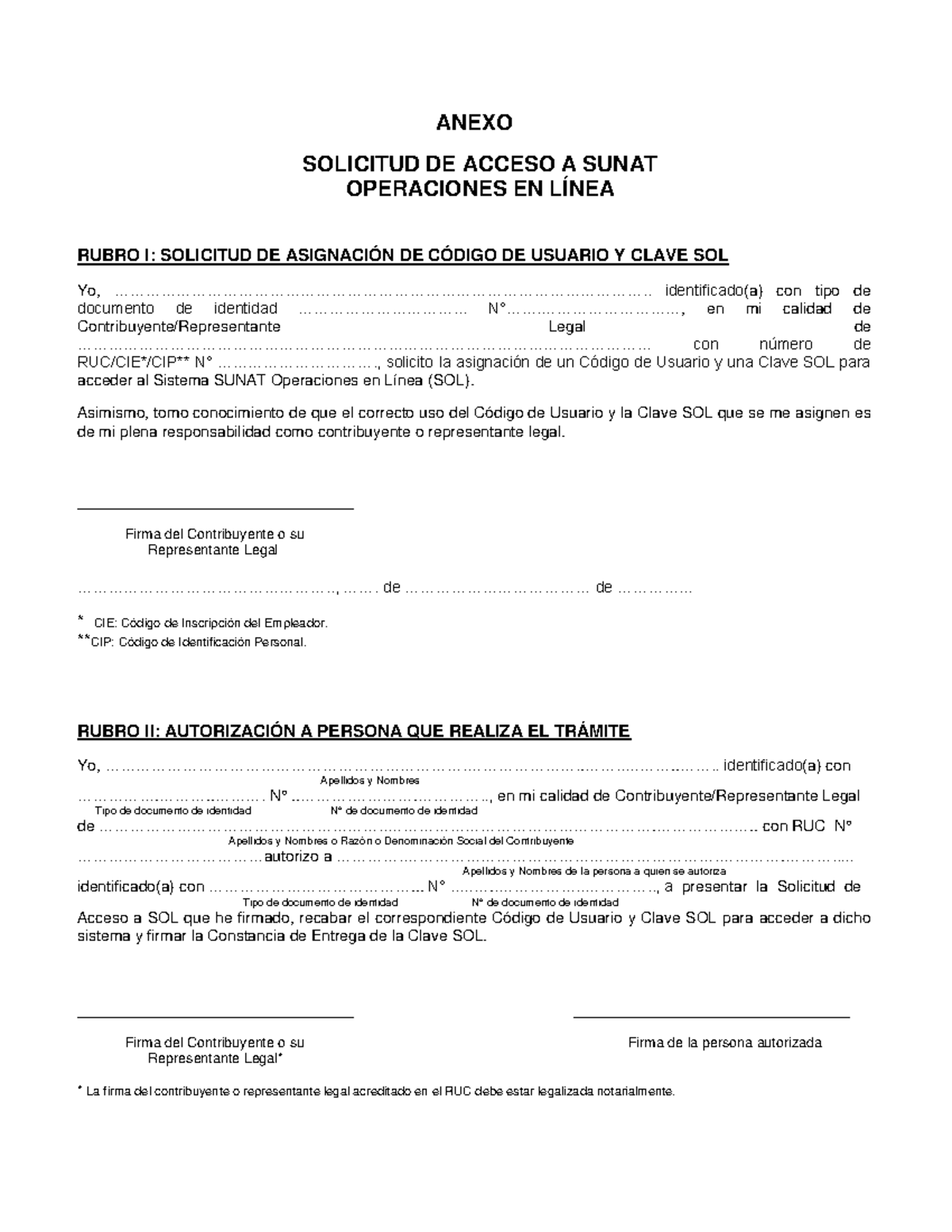 Solicitud Clave SOL - sunat - ANEXO SOLICITUD DE ACCESO A SUNAT OPERACIONES EN LÍNEA RUBRO I ...