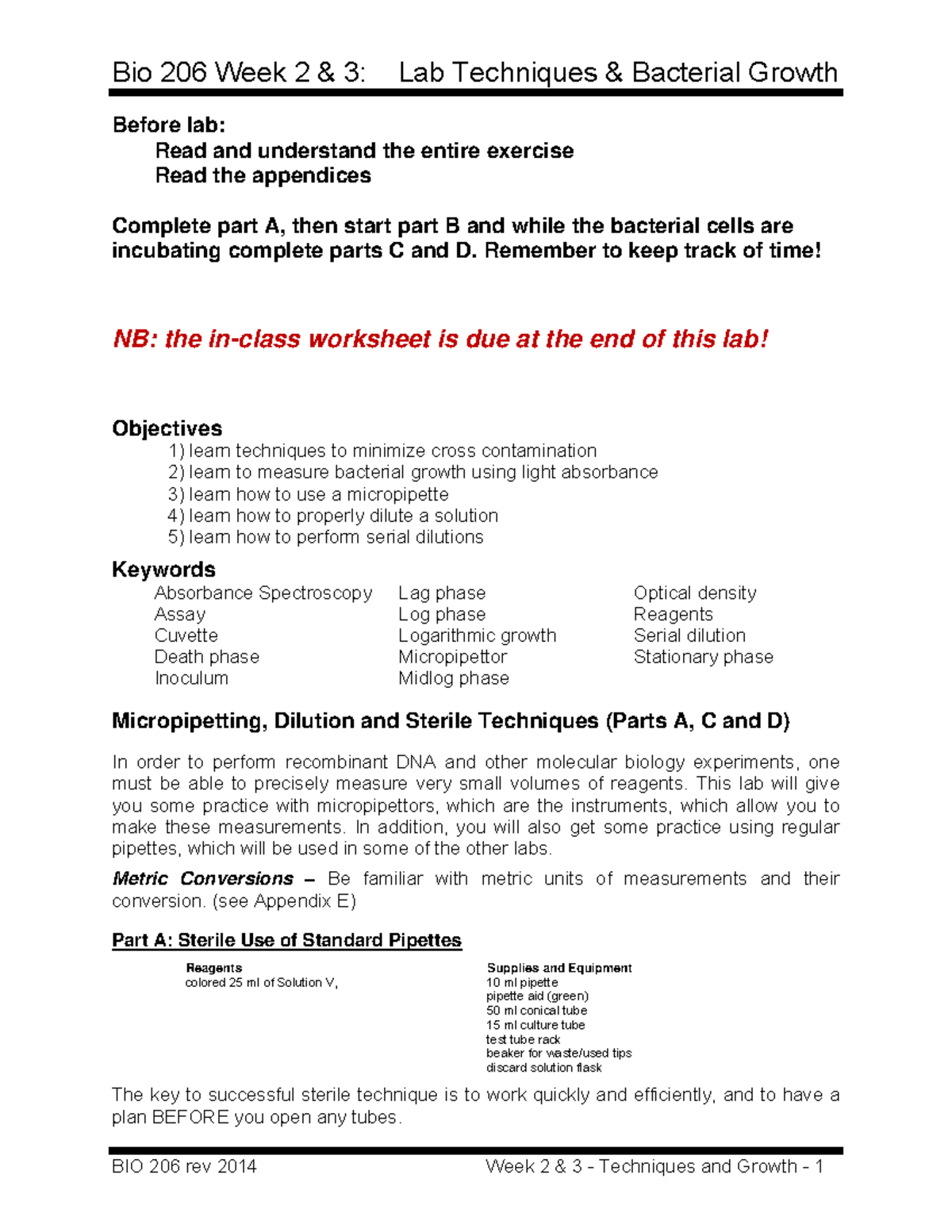 Bio 206 Week 2 & 3 Lab - Techniques & Bacterial Growth - Bio 206 Week 2 ...