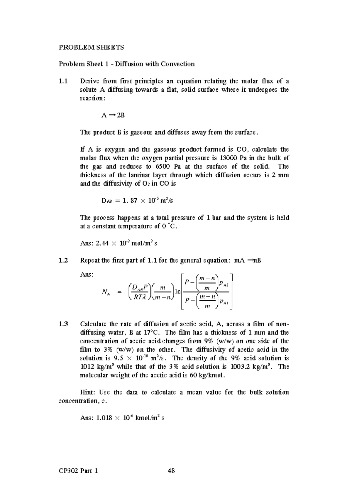 Part1 Problem Sheets - PROBLEM SHEETS Problem Sheet 1 - Diffusion with ...