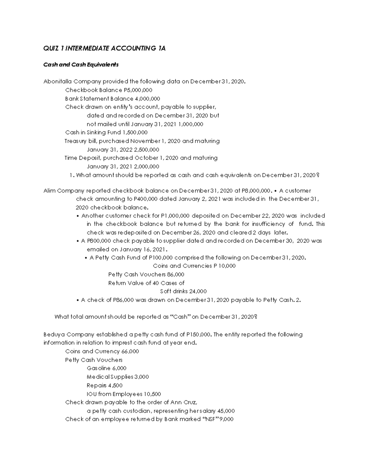 Sample/practice exam 2020, questions - QUIZ 1 INTERMEDIATE ACCOUNTING ...