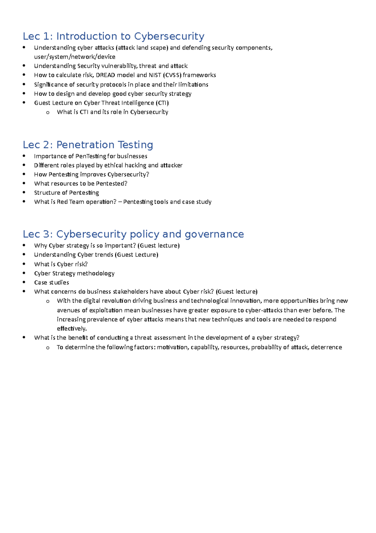 Summary Cybersecurity - Lec 1: Introduction to Cybersecurity ...
