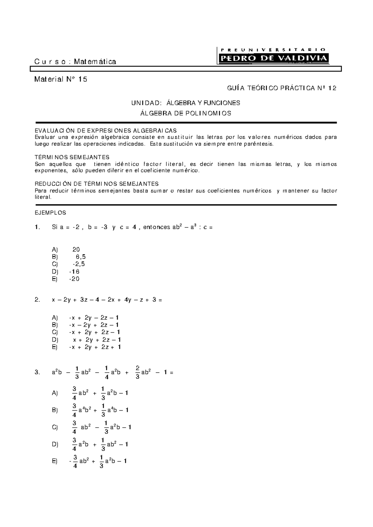 MAT 15 algebra - Es un informe - GUÍA TEÓRICO PRÁCTICA Nº 12 UNIDAD ...