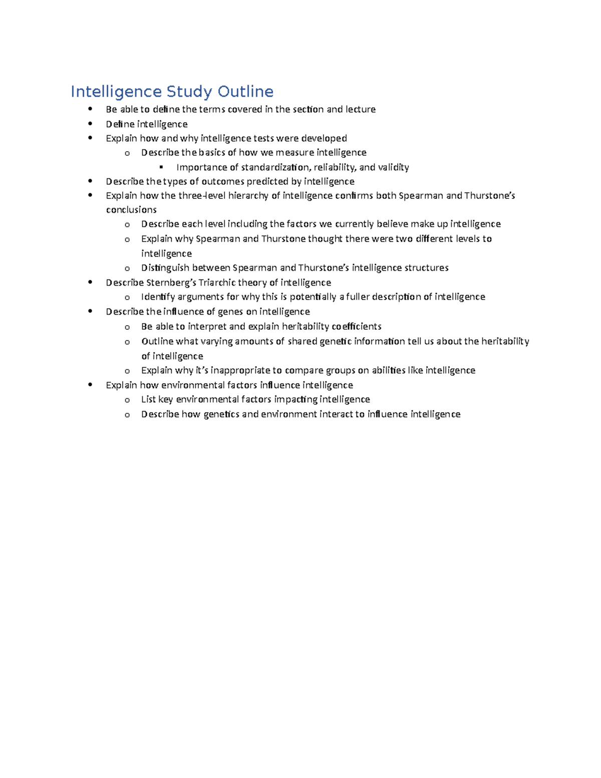 PSYC1101 SP23 Intelligence Study Outline - Intelligence Study Outline ...