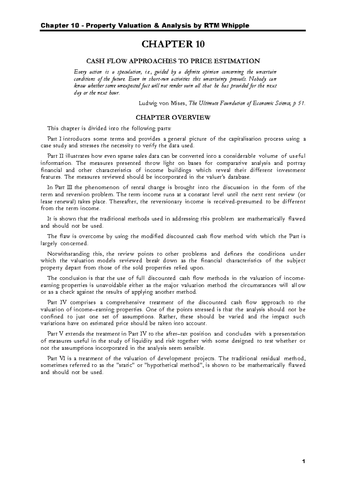 Whipple 20Chapter 2010 - CHAPTER 10 CASH FLOW APPROACHES TO PRICE ESTIMATION Every action is a ...