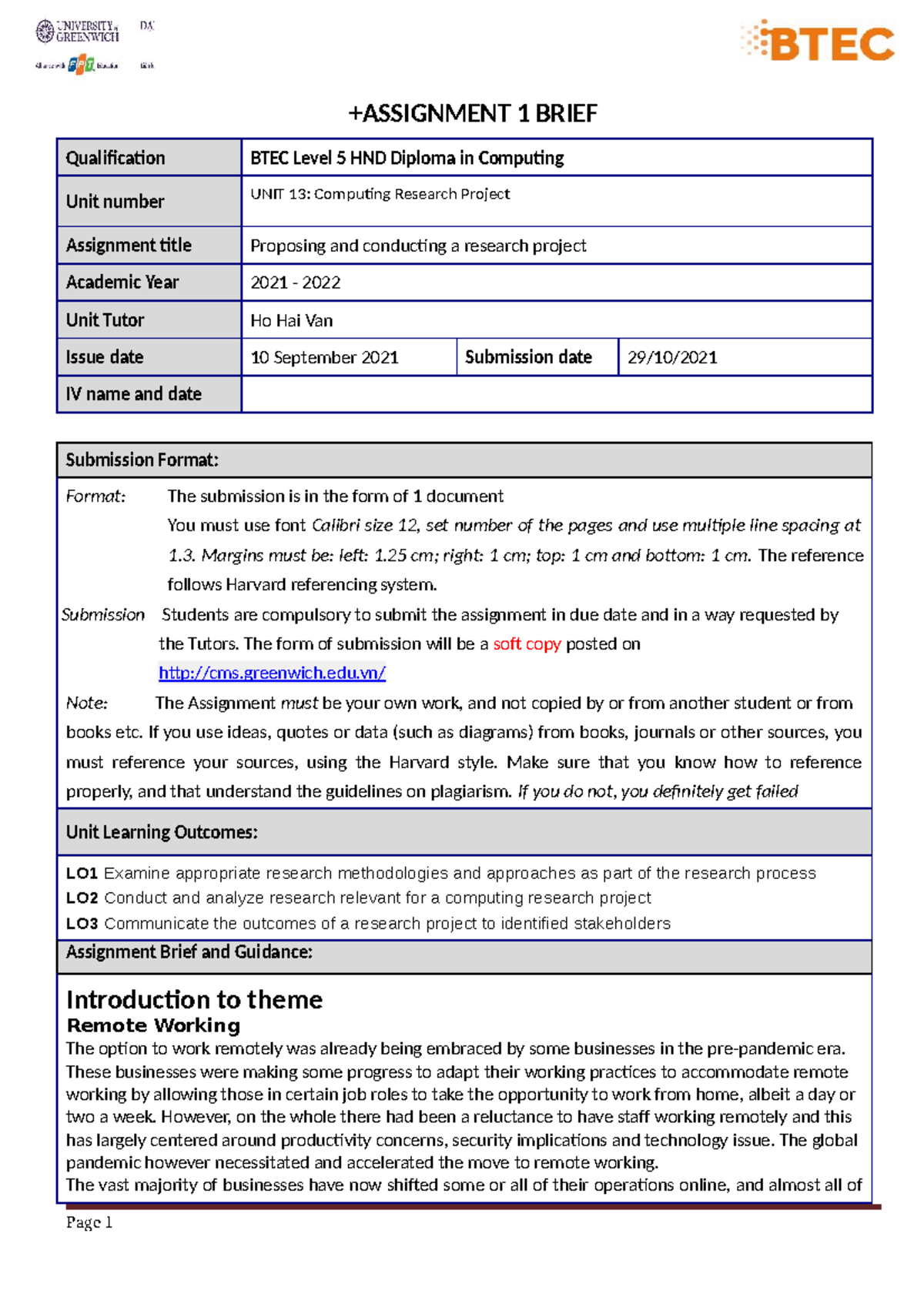 Asm1 - Asingment - +ASSIGNMENT 1 BRIEF Qualification BTEC Level 5 HND Diploma in Computing Unit ...