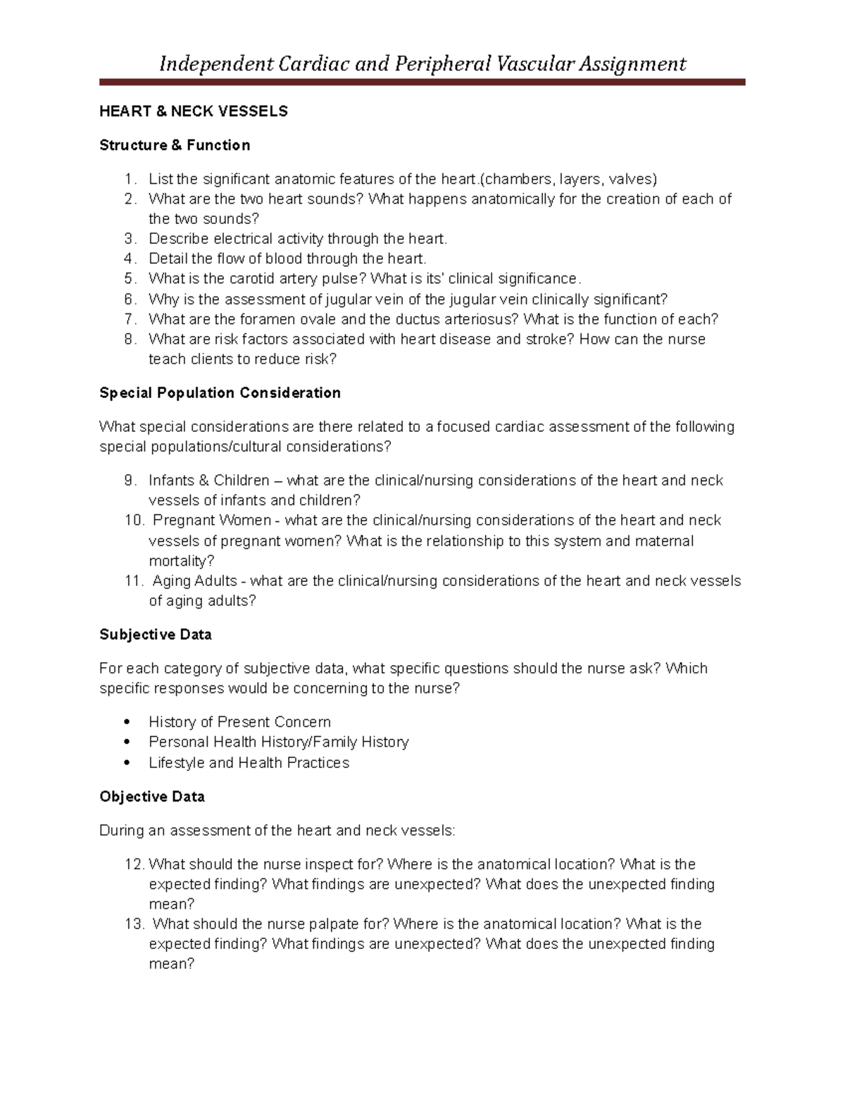 Heart+Neck+Peripheral+Assignment - Independent Cardiac and Peripheral ...