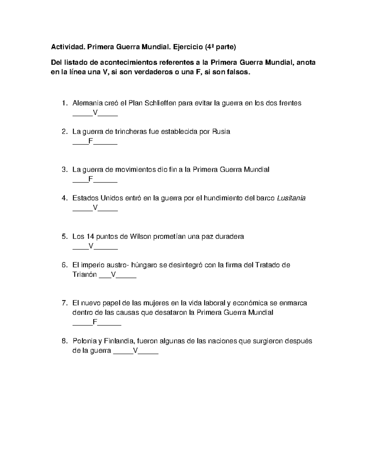 Actividad. Primera Guerra Mundial. Ejercicio - Actividad. Primera Guerra Mundial. Ejercicio (4ª ...