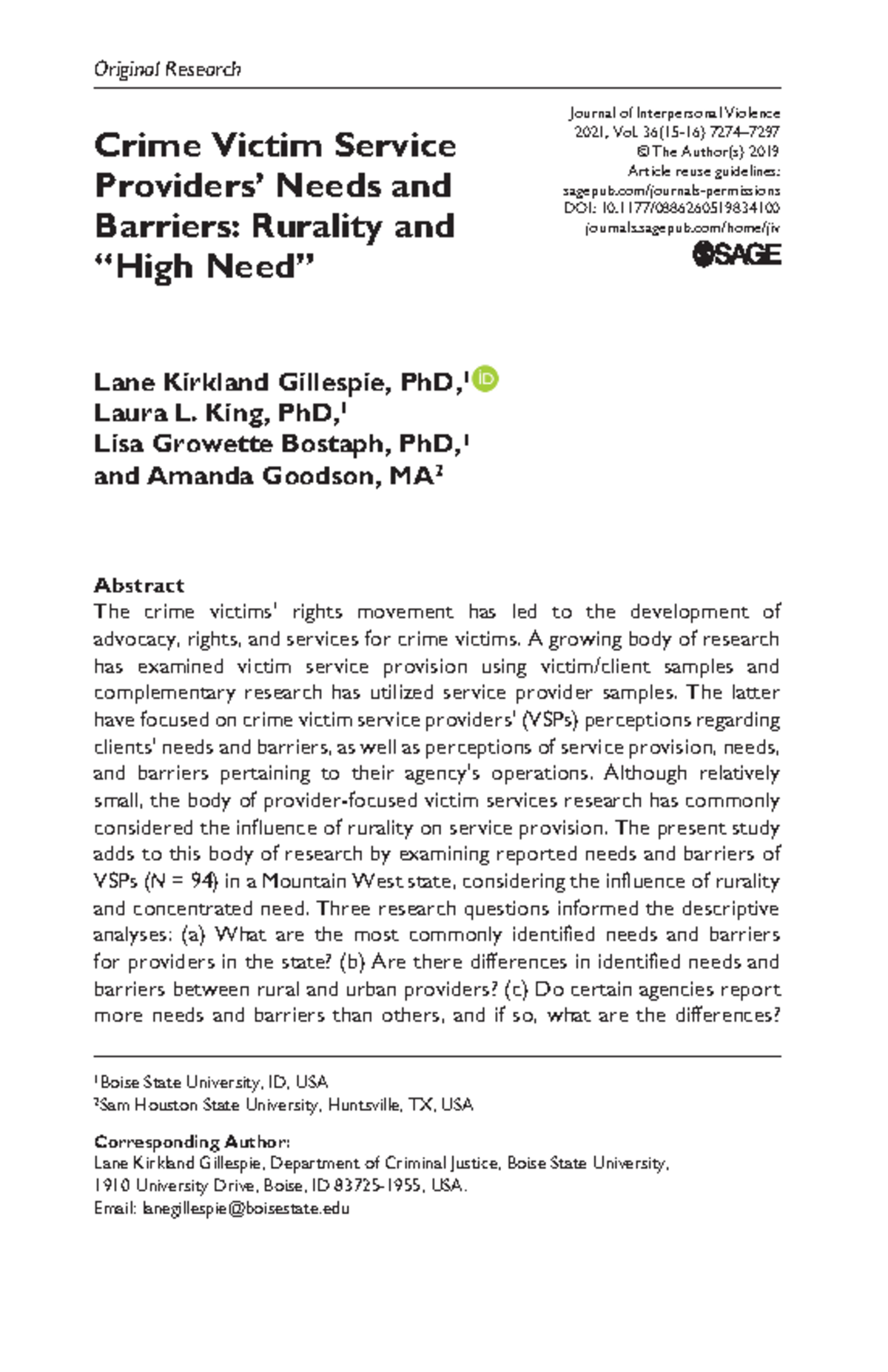 Crime victime services Artical - doi/10.1177/ Journal of Interpersonal ...