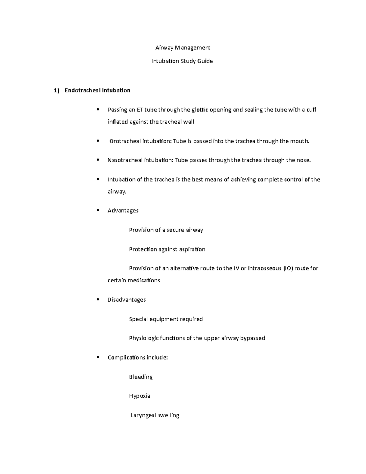 Intbation study guide - notes - Airway Management Intubation Study ...