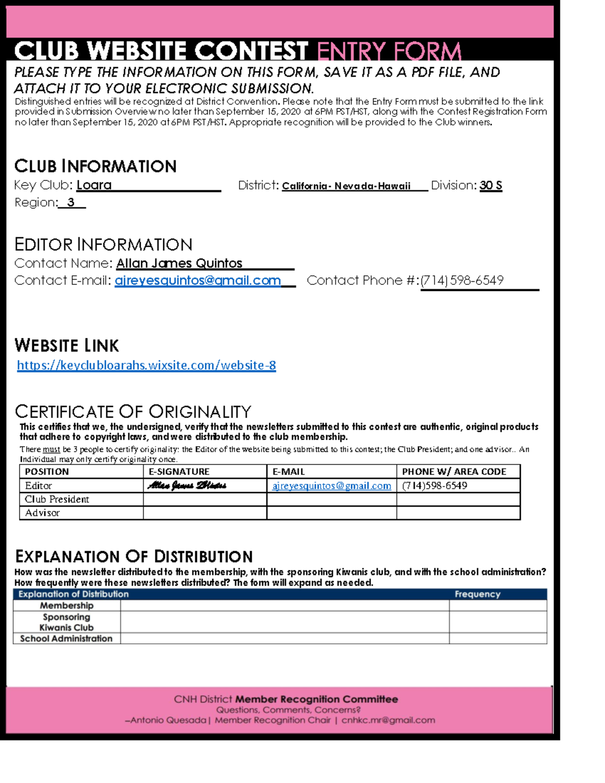 CNH Club Website Entry Form 2021 - PLEASE TYPE THE INFORMATION ON THIS ...