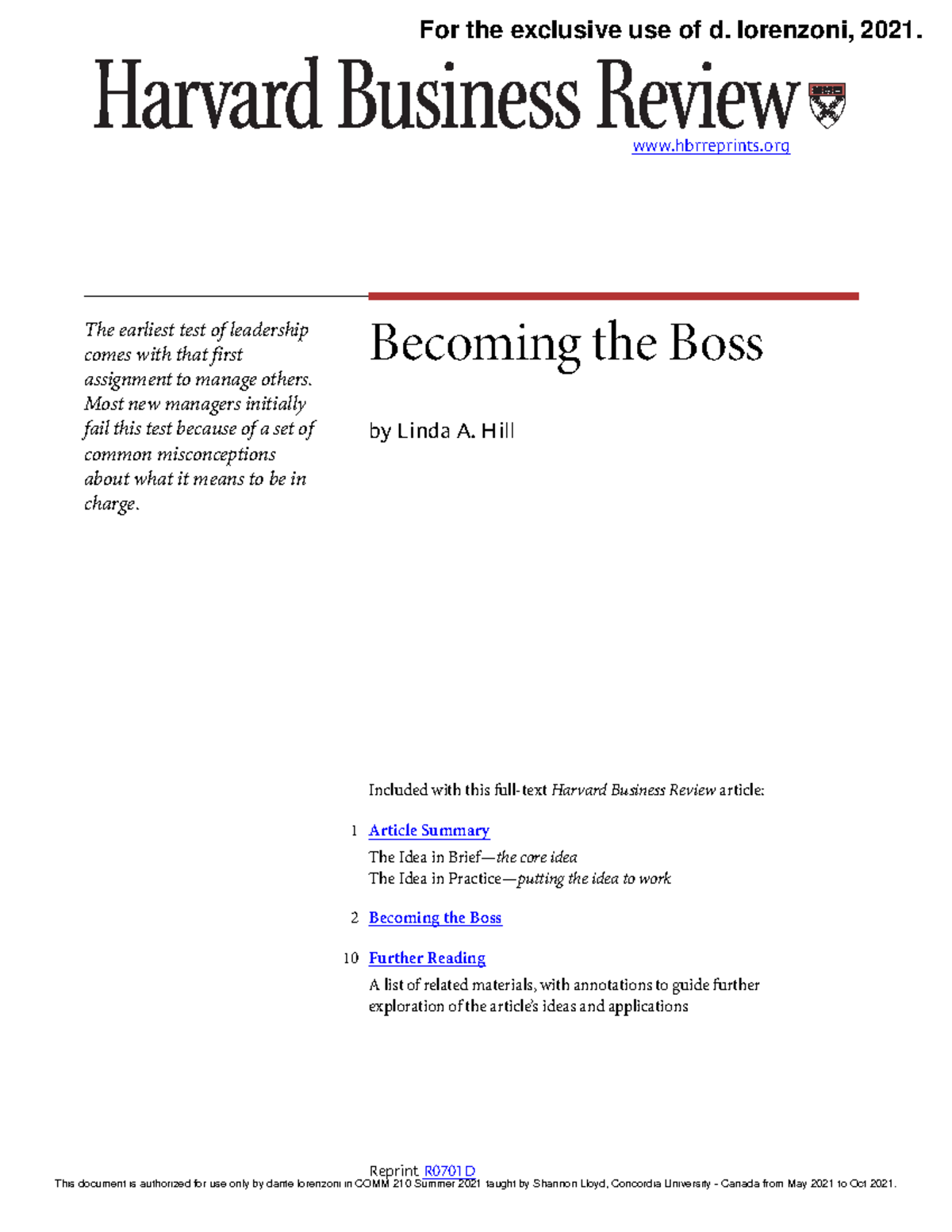 Hill - jish is the mainnman - ####### hbrreprints Becoming the Boss by Linda A. Hill ...