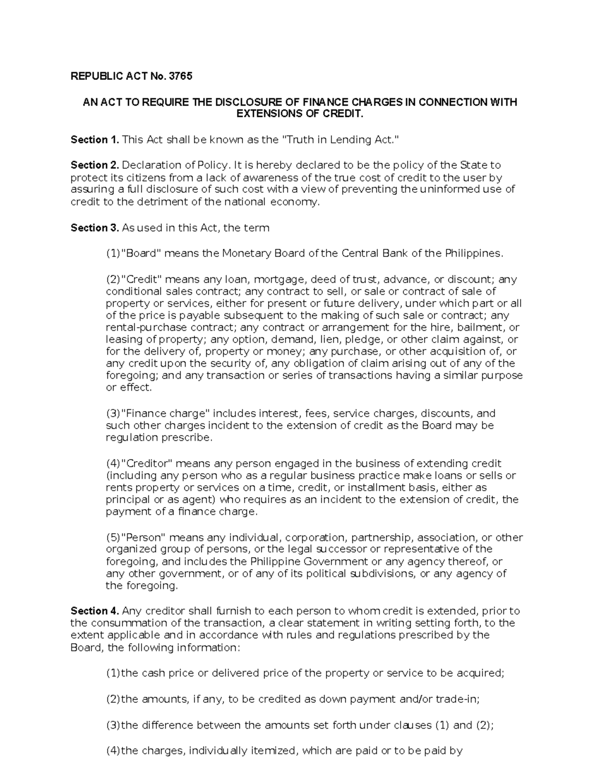 1963Law RA3765 - truth in lending ct - REPUBLIC ACT No. 3765 AN ACT TO ...
