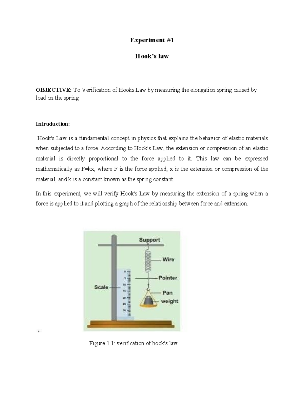 Experiment no1 hook's lawstudent version - Experiment Hook’s law OBJECTIVE: To Verification of ...