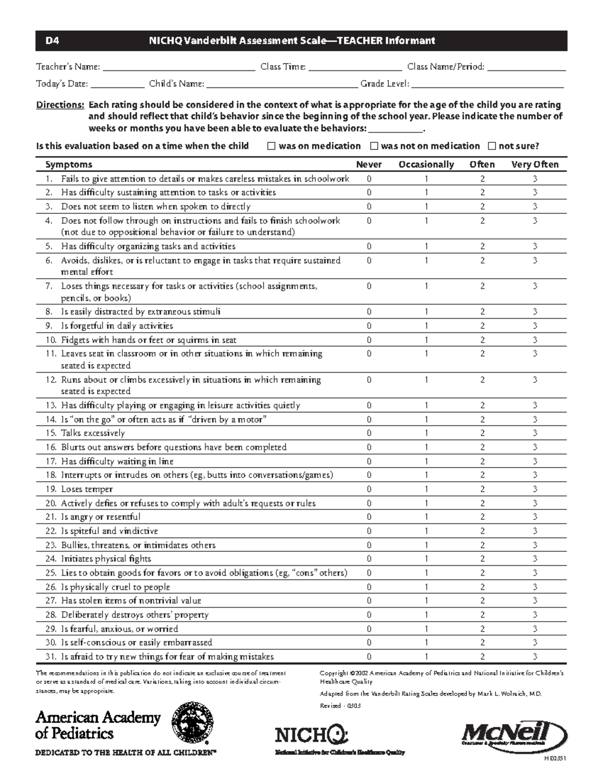 Nichq Vanderbilt Assessment Scale- Teacher-Informant - HE NICHQ ...