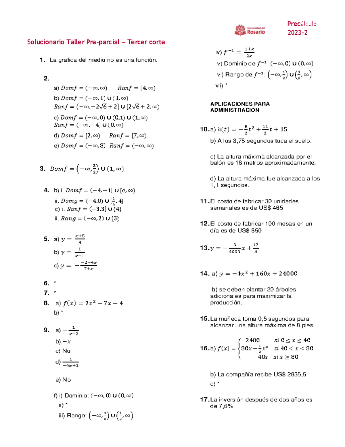 Solucionario Taller 3 Preparcial - Preca 2023-2 - Prec ́alculo 2023 - 2 Solucionario Taller ...