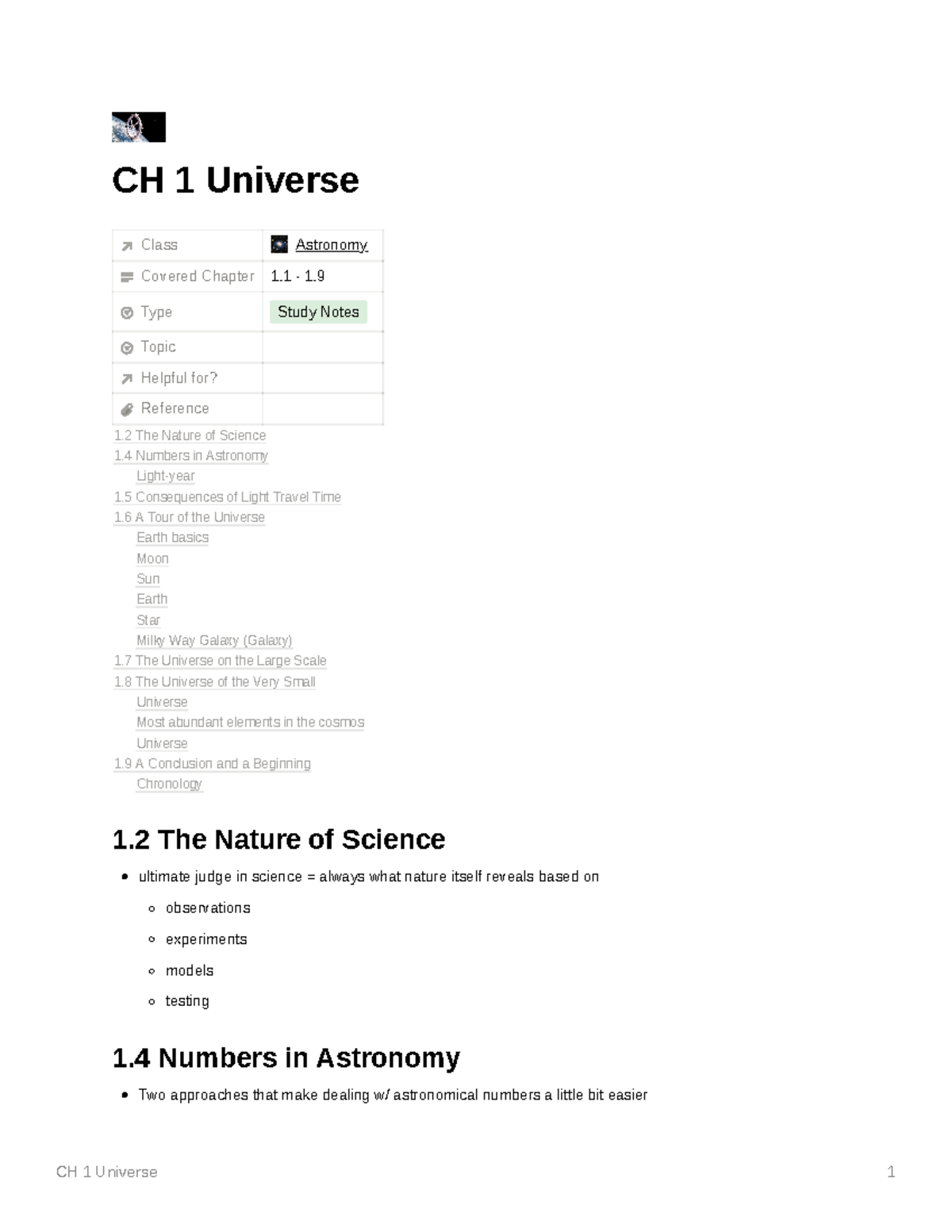 CH 1 Universe - Note that I took for studying - CH 1 Universe Class ...