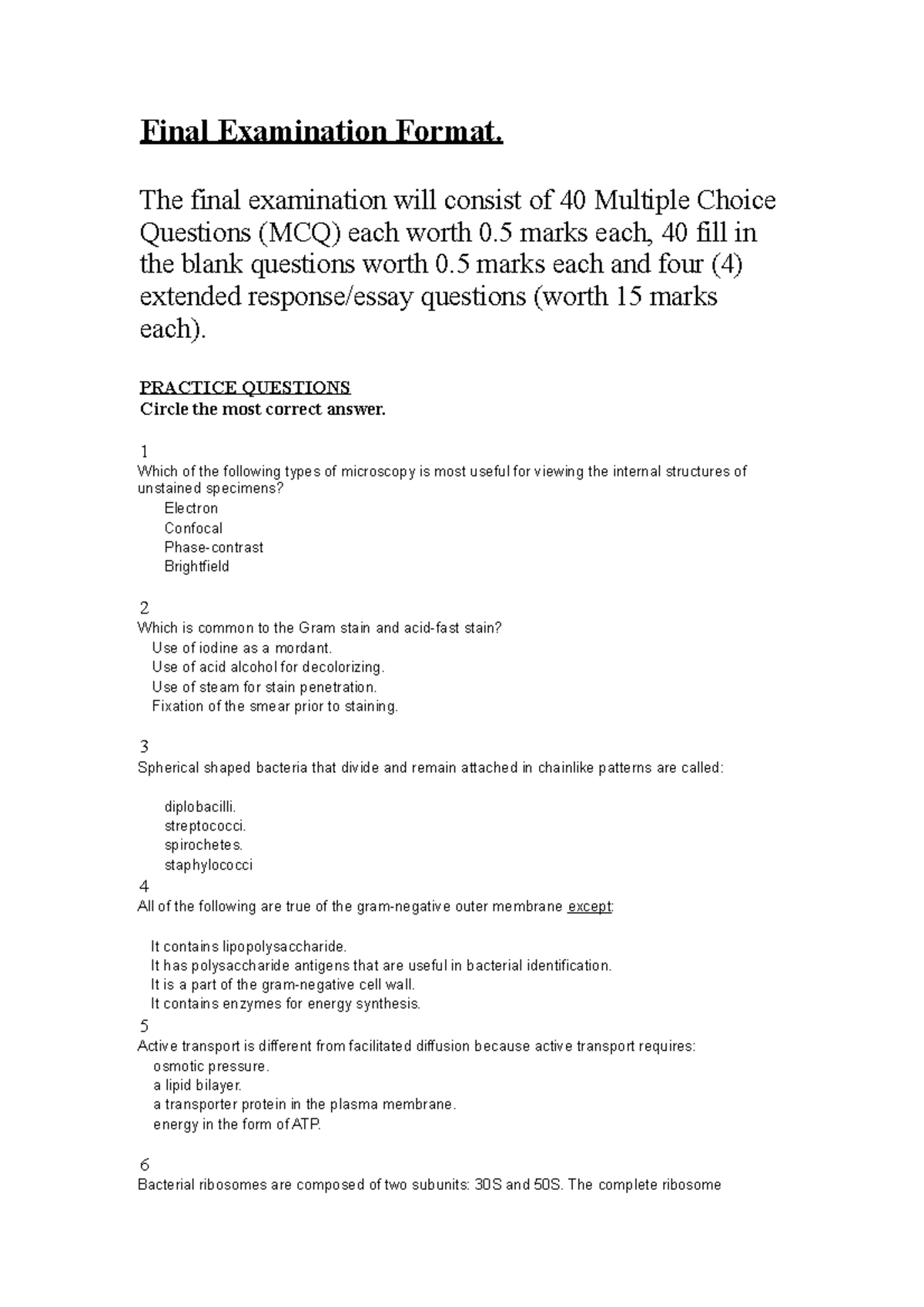 Micro final exam practice questions - Final Examination Format. The ...