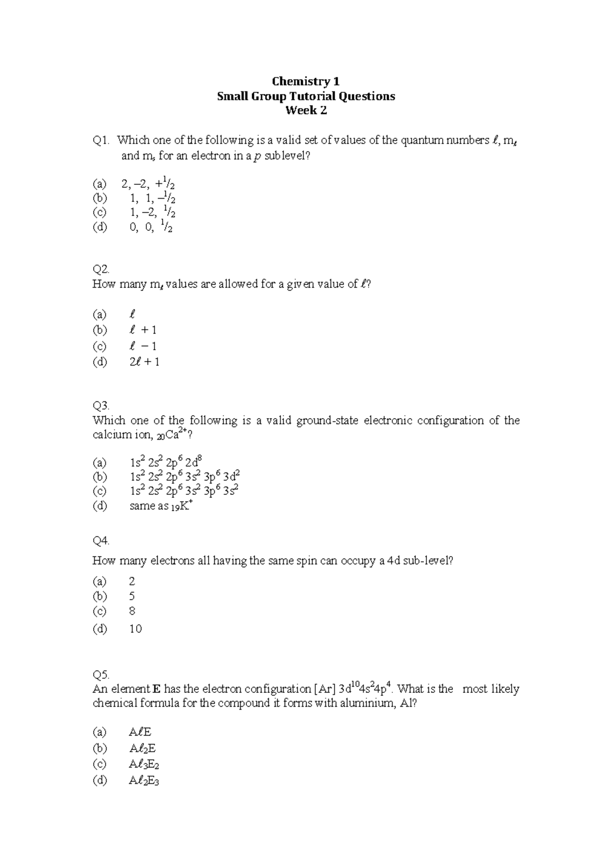 2019 Week 2 small group tutorial answers - Chemistry 1 Small Group ...