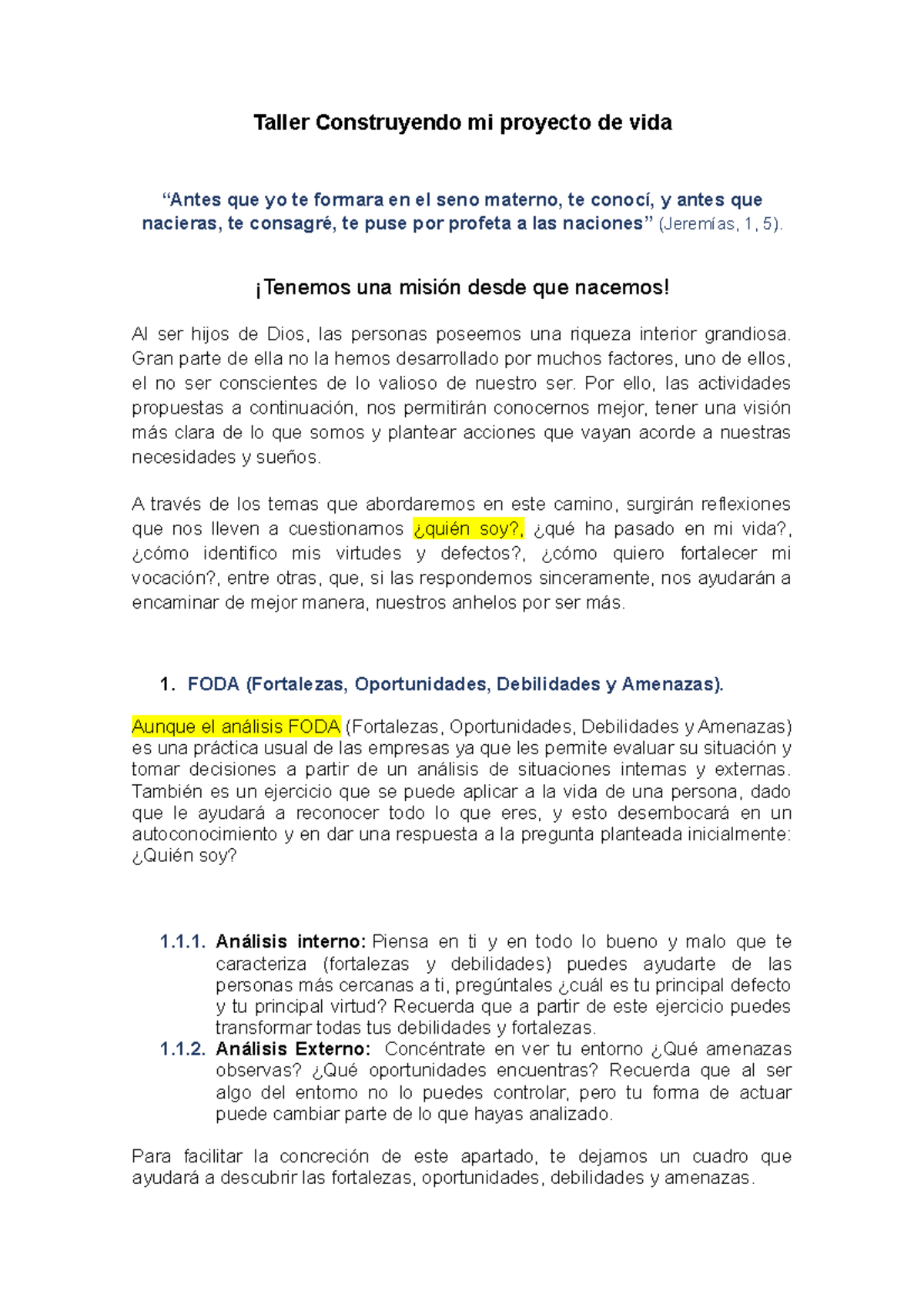 Taller Construyendo mi proyecto de vida - Taller Construyendo mi ...