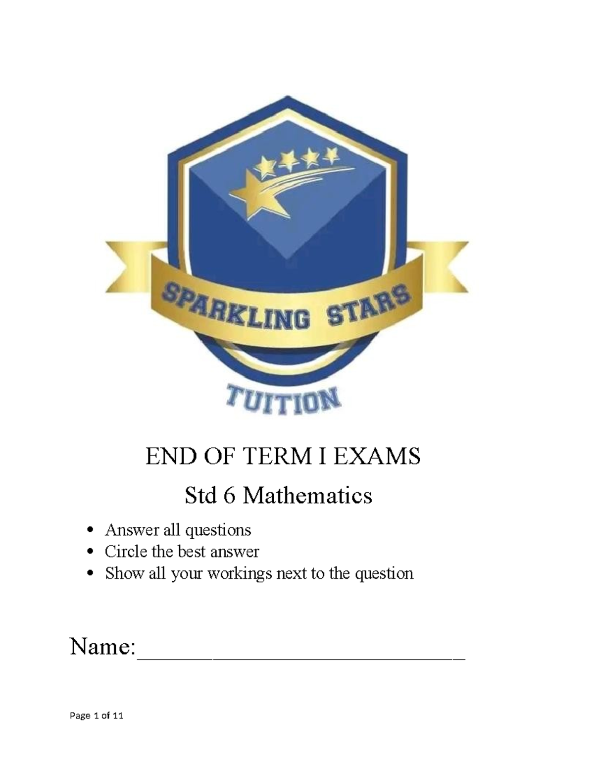Std 6 maths - Goodluck - END OF TERM I EXAMS Std 6 Mathematics Answer ...