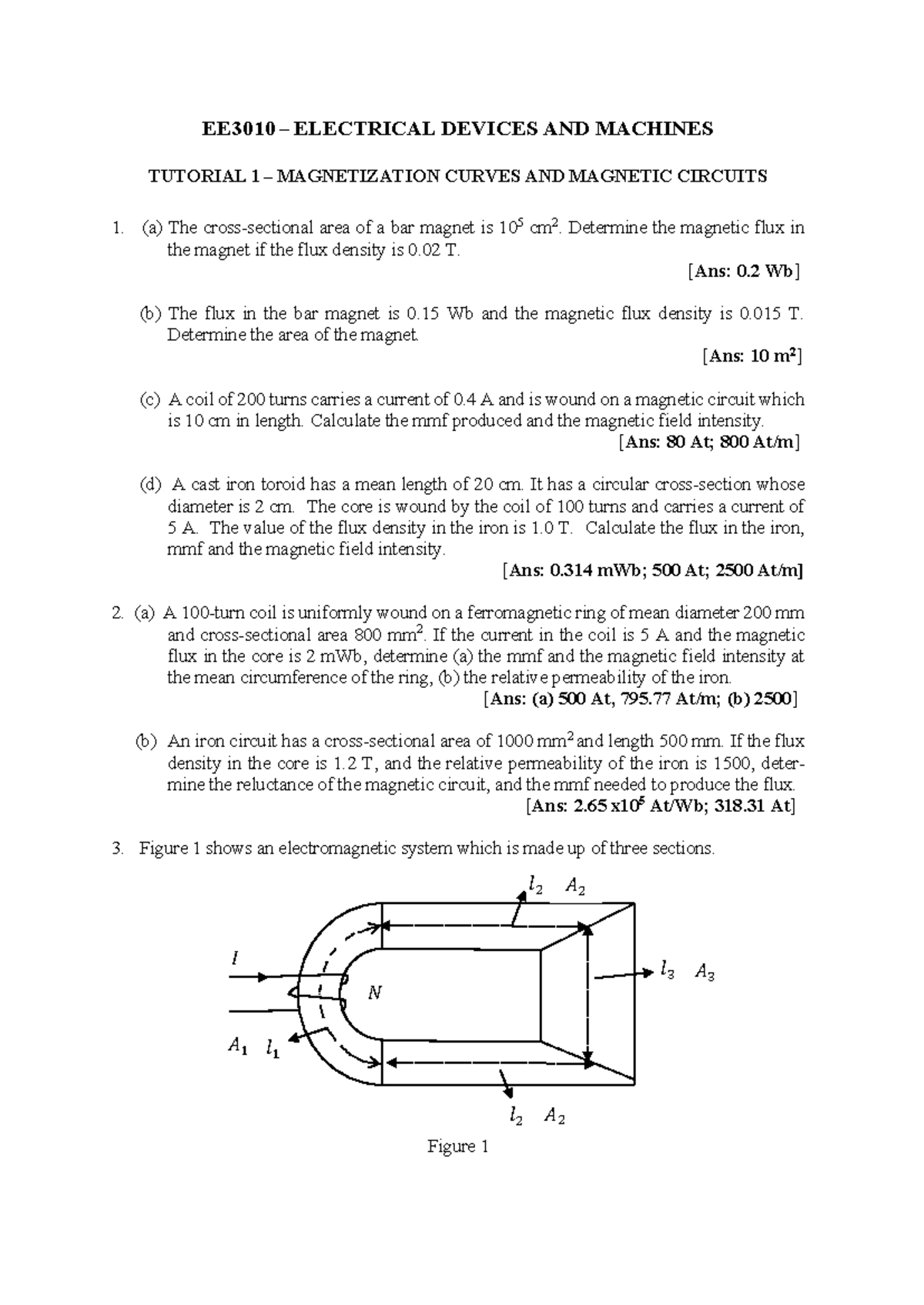 EE3010 Tut - Tutorial with Solutions. - EE3010 – ELECTRICAL DEVICES AND MACHINES TUTORIAL 1 ...