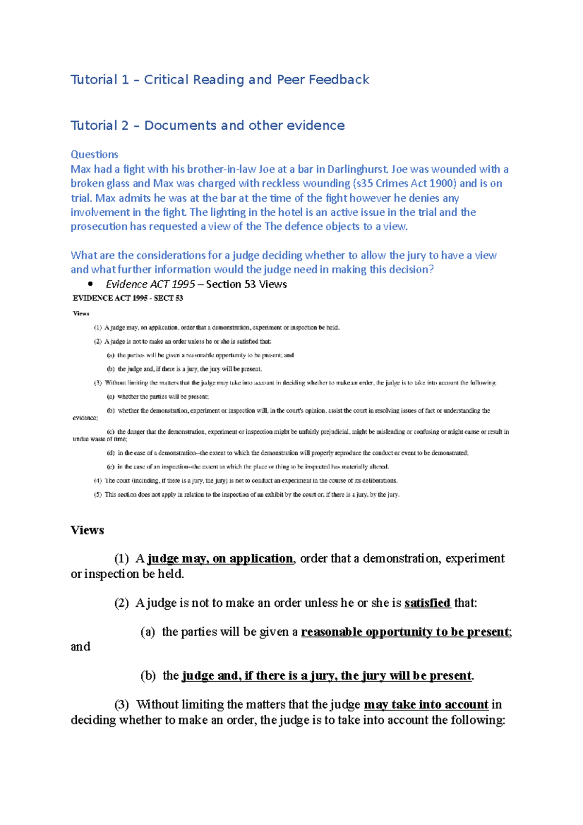 70109 Evidence Tutorial Questions Tutorial 1 Critical Reading And Peer Feedback Tutorial 2