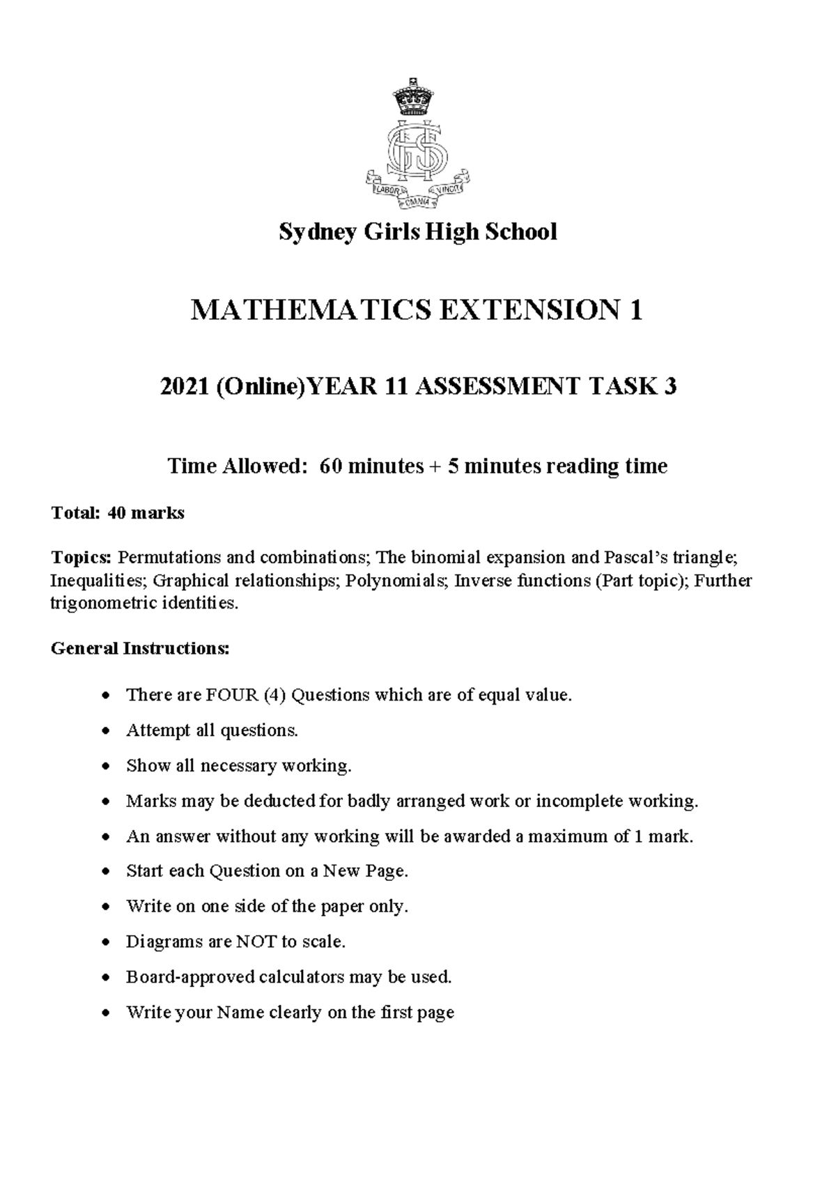 2021 Y11 Maths X1 Task 3 Online - Sydney Girls High School MATHEMATICS ...