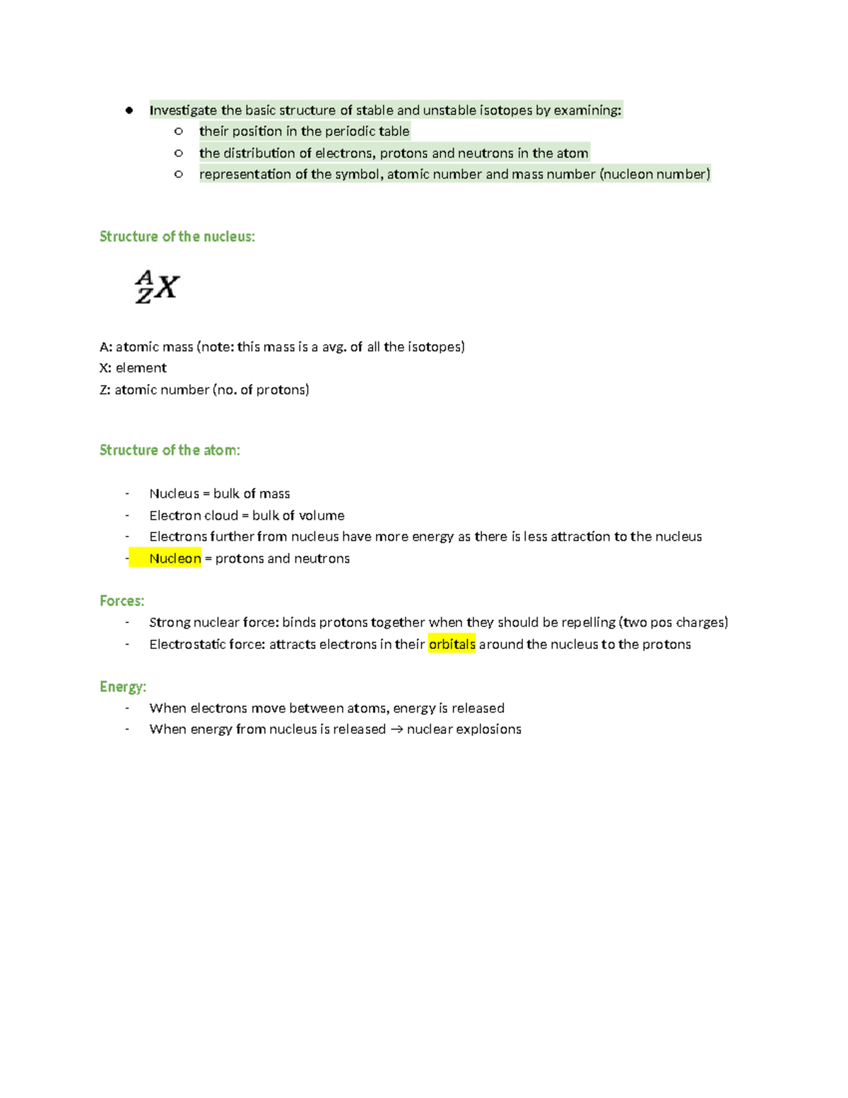 Atomic structure - notes - Investigate the basic structure of stable ...