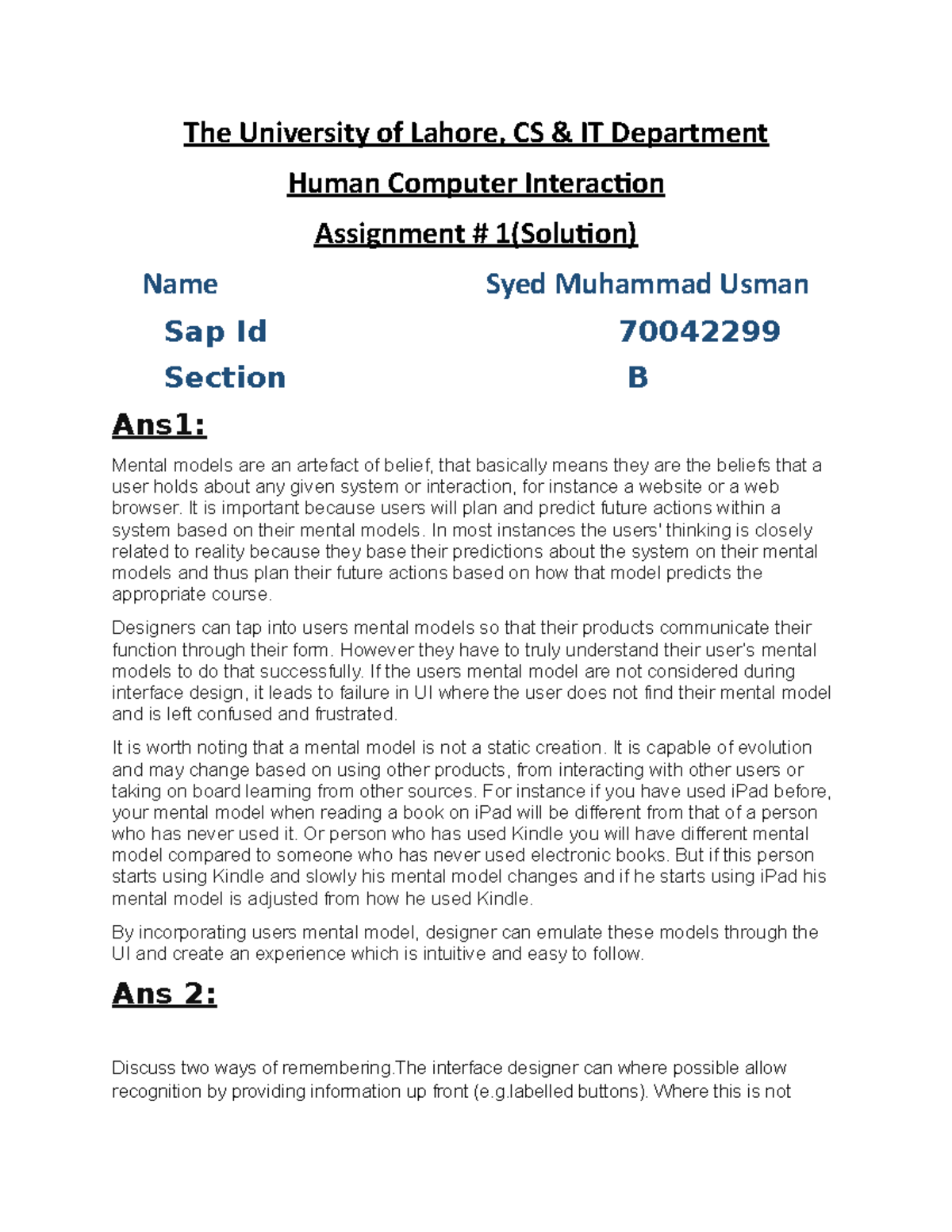 70042299(Syed Usman) - Assignment Questions with answers - The University of Lahore, CS & IT ...