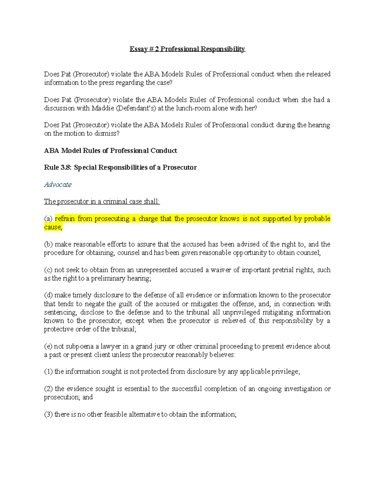 Essay 2 Unit 3 Module 9 - Essay # 2 Professional Responsibility Does ...