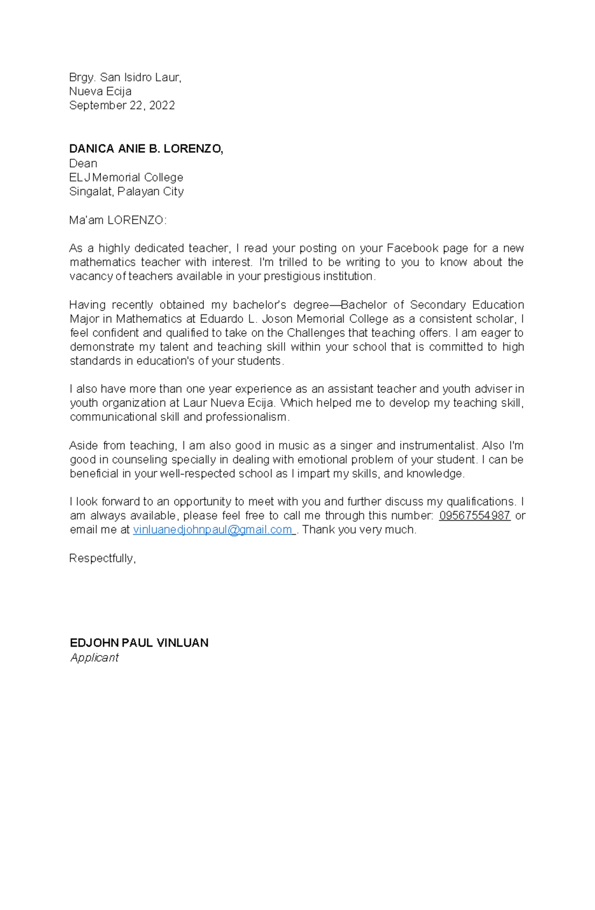 Apply-Letter-Vinluan - Brgy. San Isidro Laur, Nueva Ecija September 22 ...