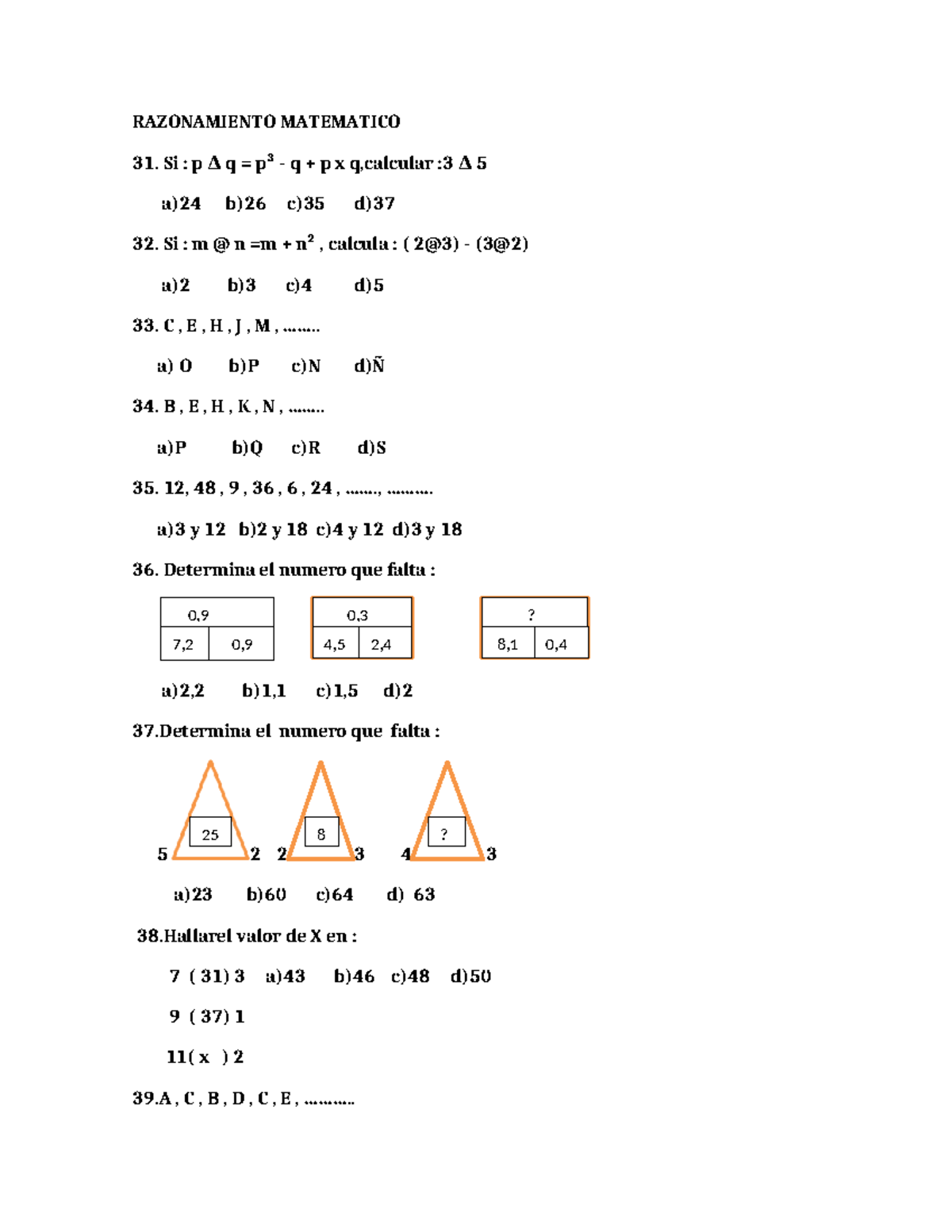 Razonamiento Matematico 5to grado - RAZONAMIENTO MATEMATICO 31. Si : p ...