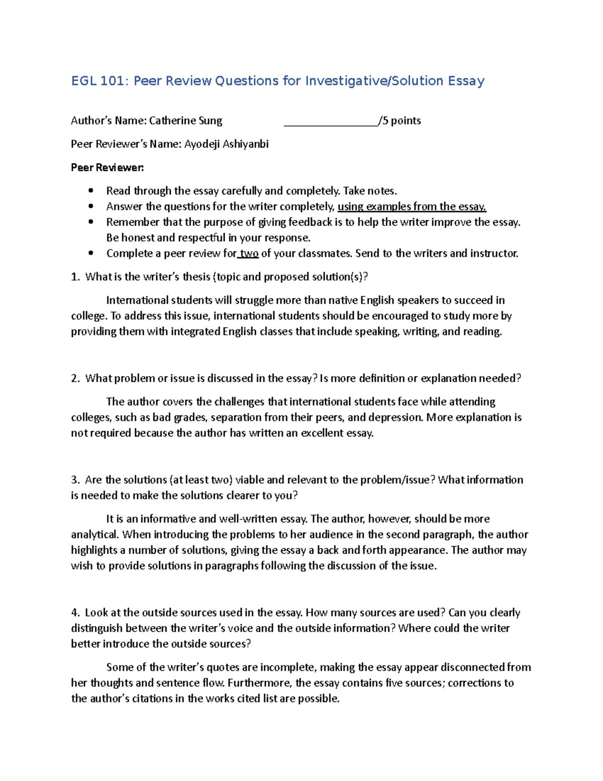 Research Solution Essay Peer Review Catherine Sung - EGL 101: Peer ...