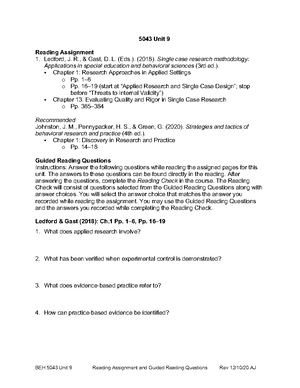 BEH 5043 Unit 7 Reading Assignment and Guided Reading Questions - R., & Gast, D. L. (Eds ...